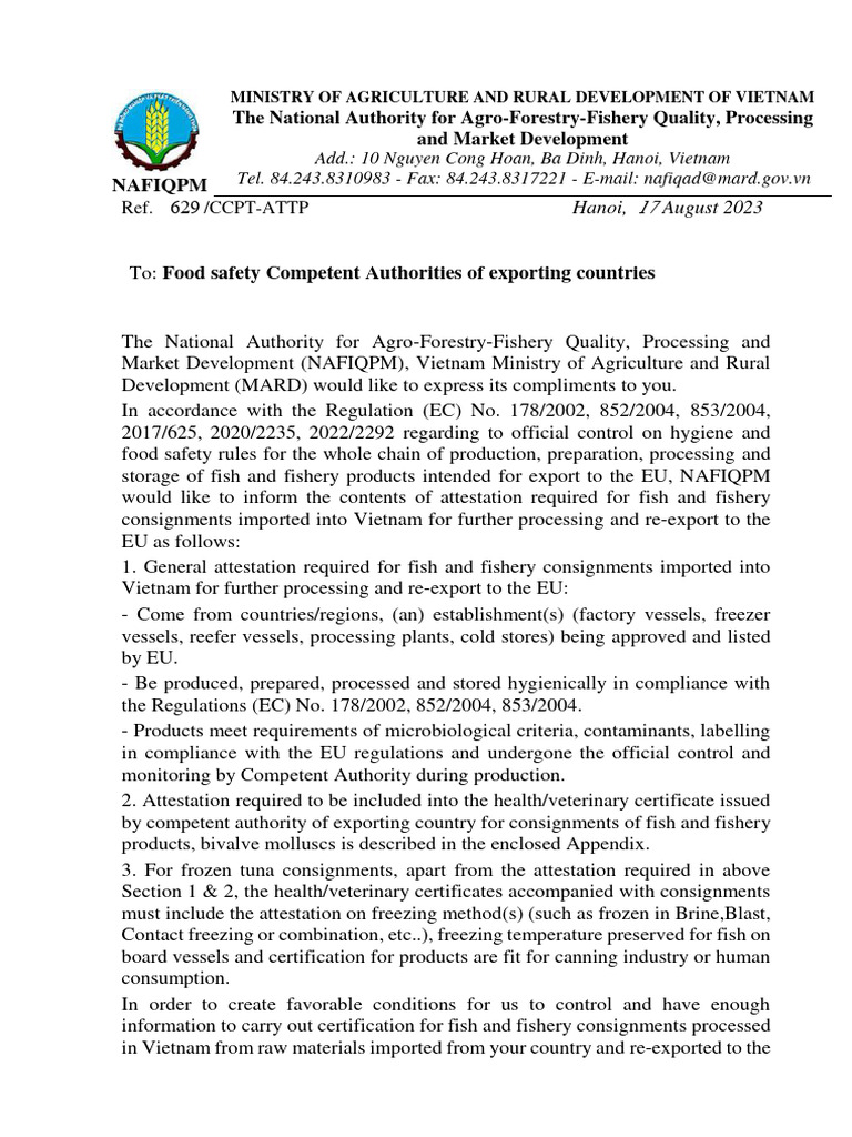 Letter No 629 CCPT - ATTP On 17.8.2023 of NAFIQPM To Food Safety CA of Export Countries | PDF ...