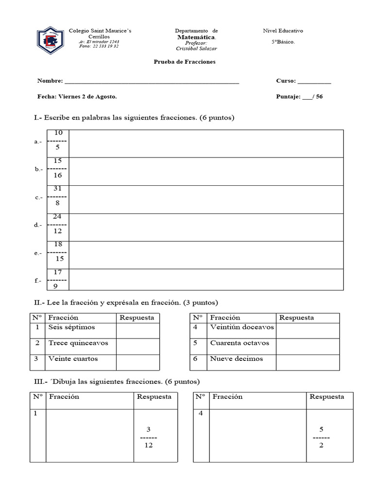 Prueba de Fracciones 5° Básico | PDF | Matemática Elemental | Notación ...