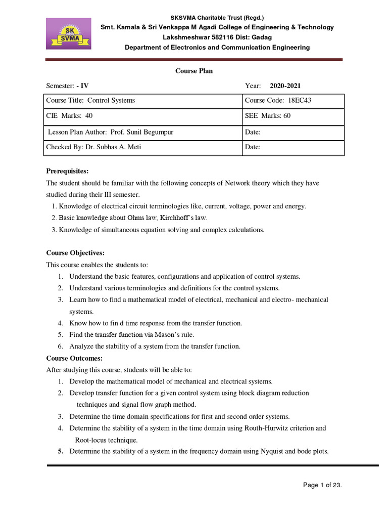 18EC43 Control Systems - Lesson Plan | PDF | Feedback | Control Theory