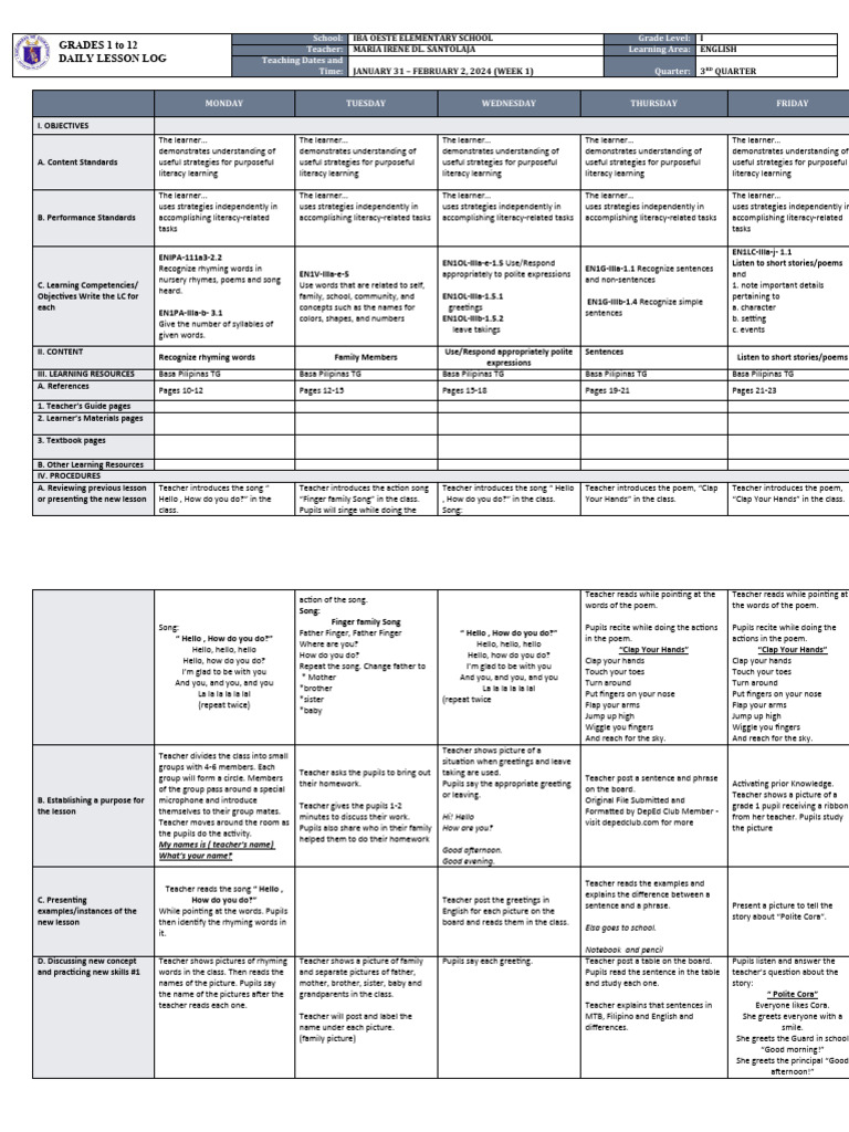 DLL English-1 Q3 W1-1 | PDF | Learning | Differentiated Instruction