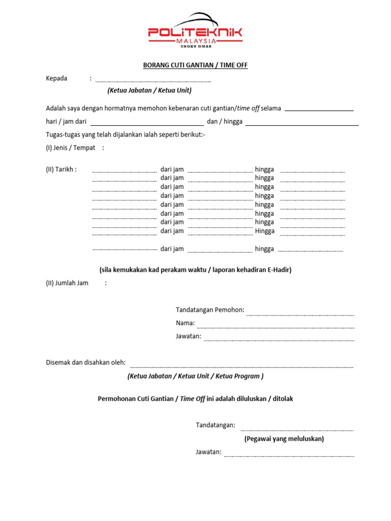 Borang Cuti Gantian Puo 2022 | PDF