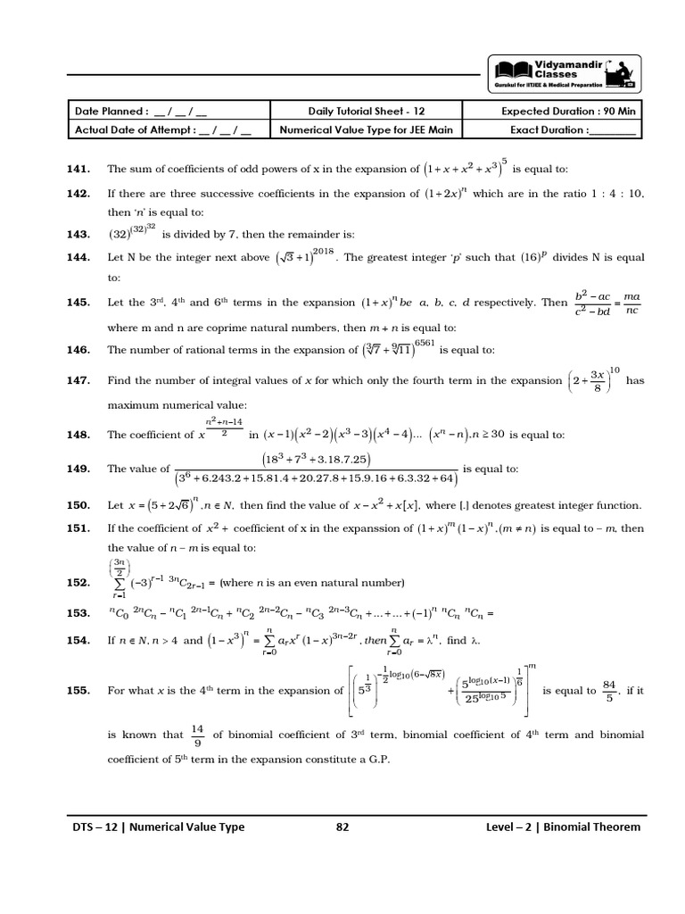 Binomial Theorem DTS-12 NAT | PDF | Numbers | Rational Number