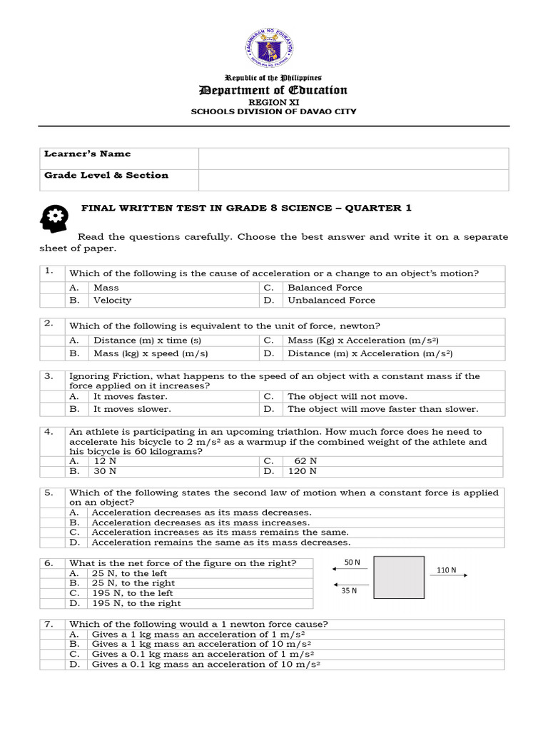Grade 8 Science Final Test Questions | PDF | Force | Potential Energy