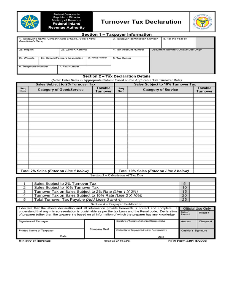 2301 Turnover Tax Declaration Form | PDF | Taxes | Revenue