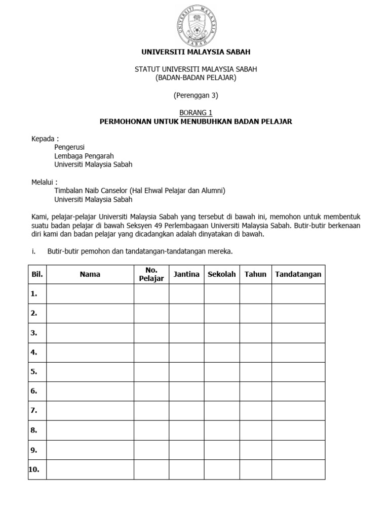 Borang Permohonan Untuk Menubuhkan Badan Pelajar | PDF