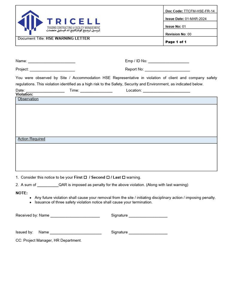 TTCFM Hse FR 14 Hse Warning Letter | PDF