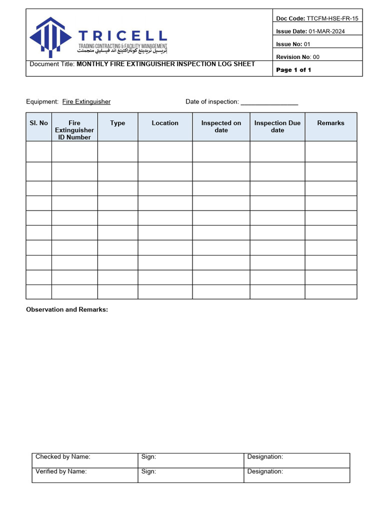 TTCFM-HSE-FR-15 Monthly Fire Extinguisher Inspection Checklist | PDF
