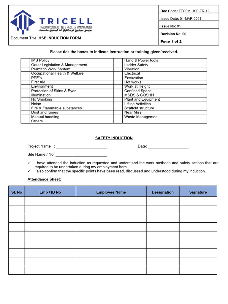 TTCFM-HSE-FR-12 HSE Induction Form | PDF | Safety | Occupational Safety ...