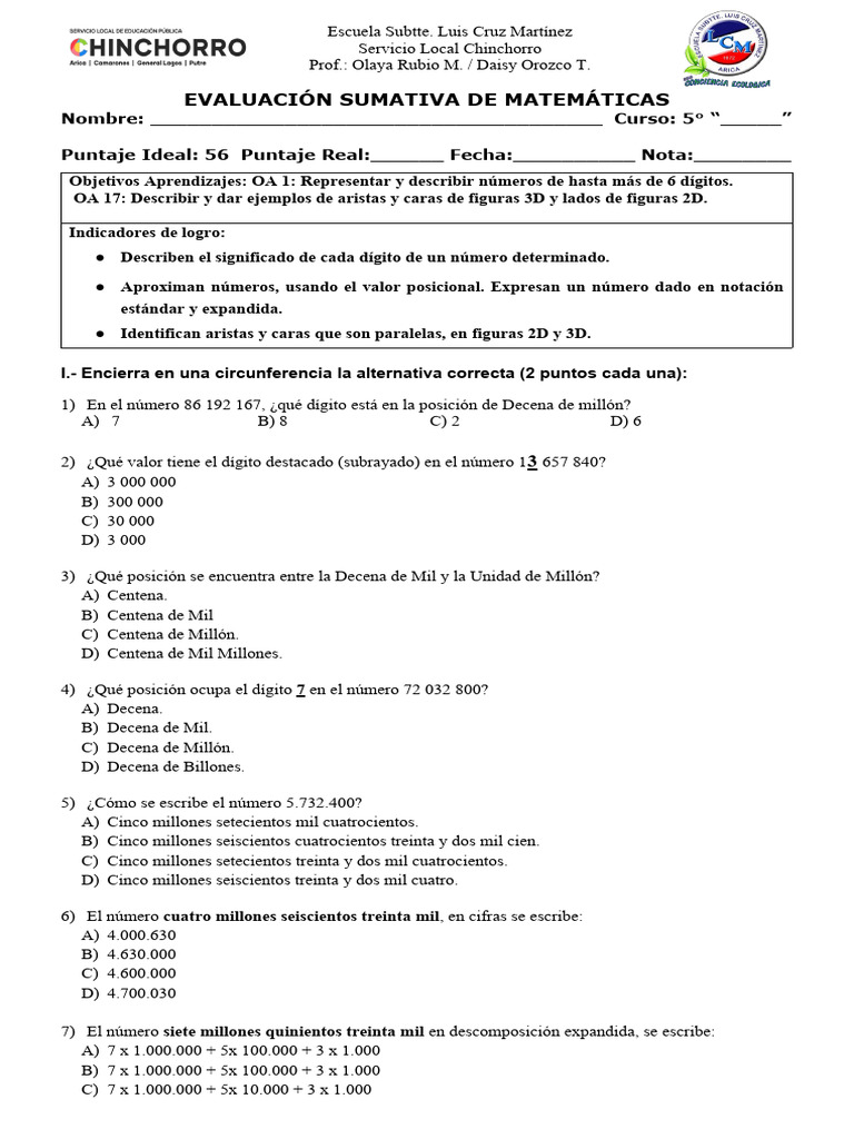 Evaluación Sumativa 1 - 5° | PDF | Aritmética | Notación Matemática