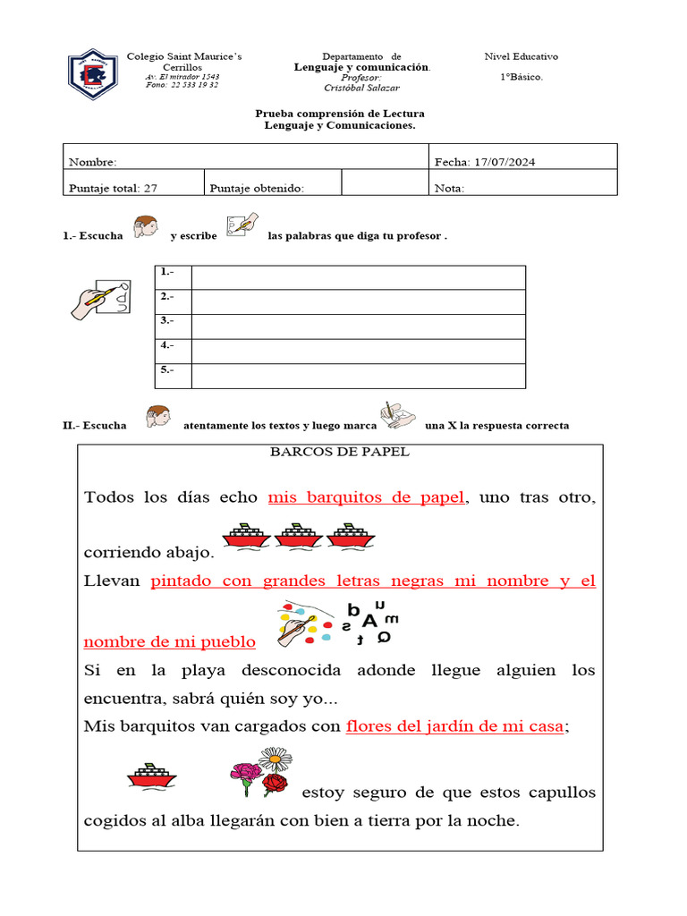 Prueba de Comprensión Lectora 1° Básico | PDF