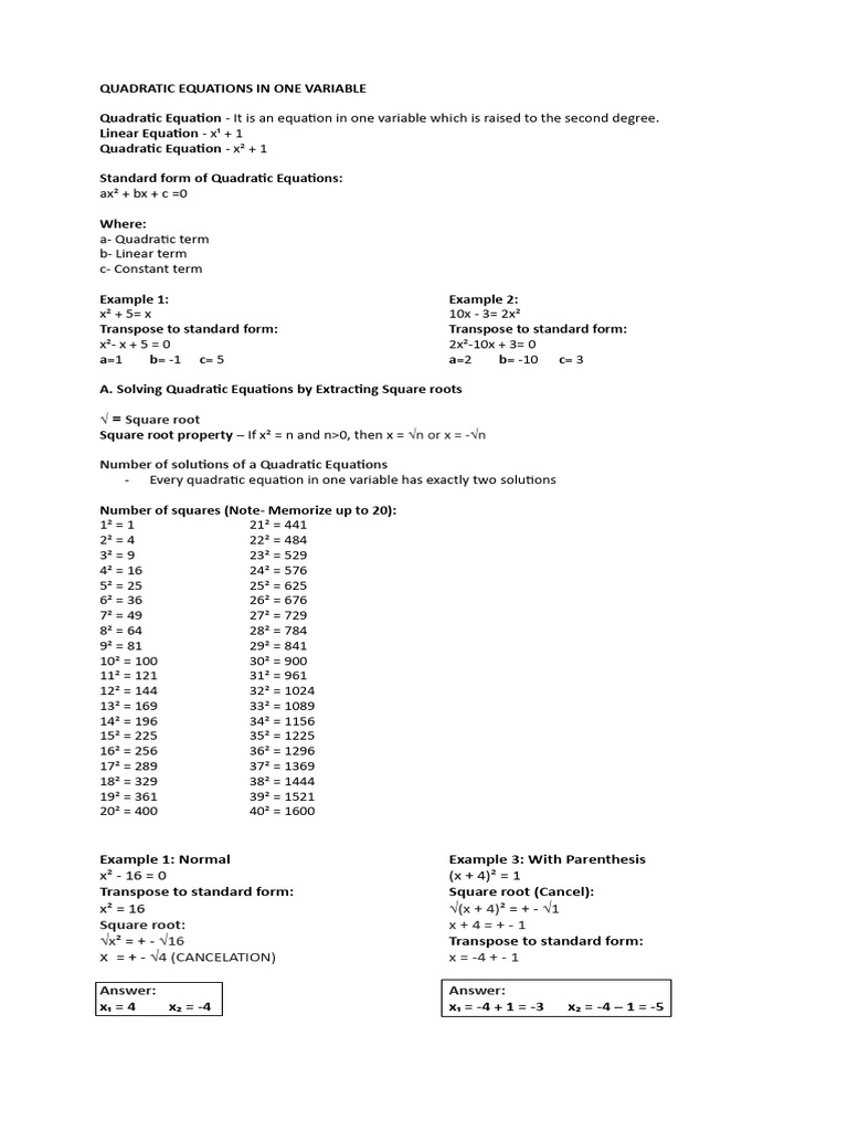 Quadratic Equations Math Reviewer | PDF | Quadratic Equation | Equations Quadratic Equations Math Reviewer | PDF | Quadratic Equation | Equations