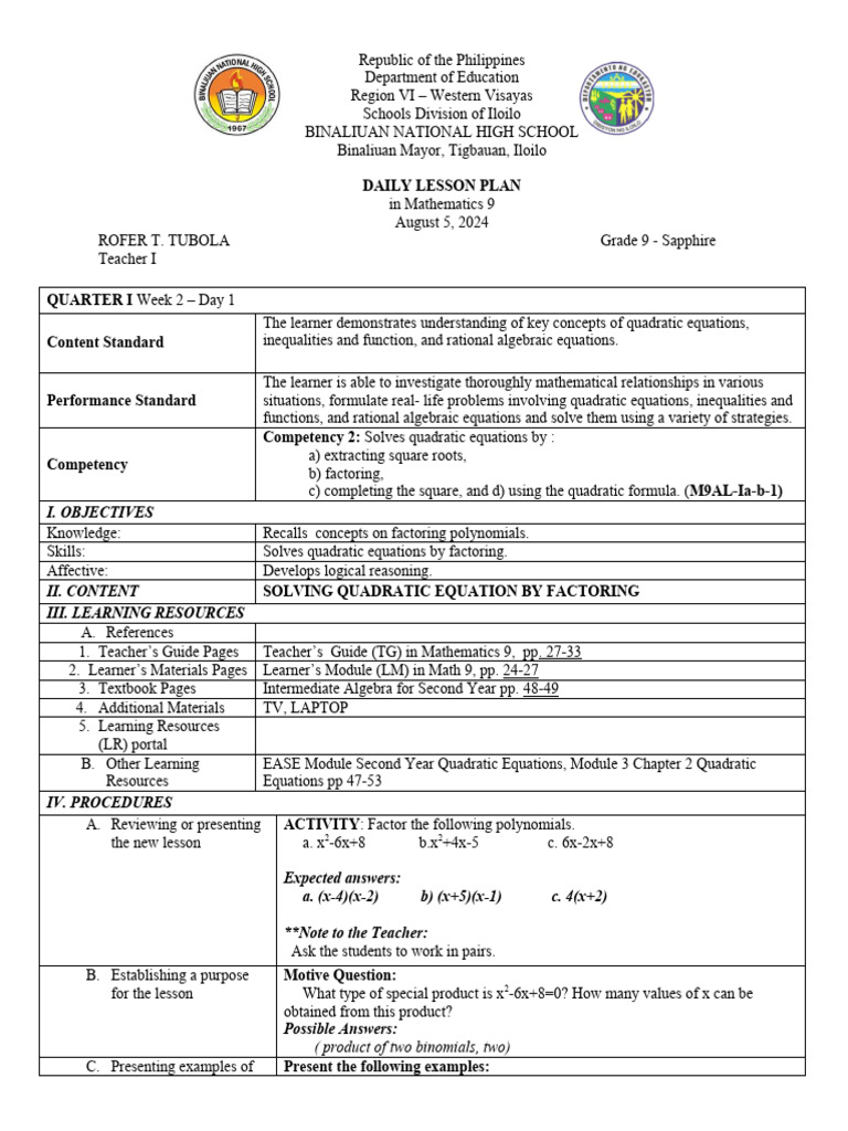 DLP Math9 q1 Week2 Day1 | PDF | Quadratic Equation | Factorization