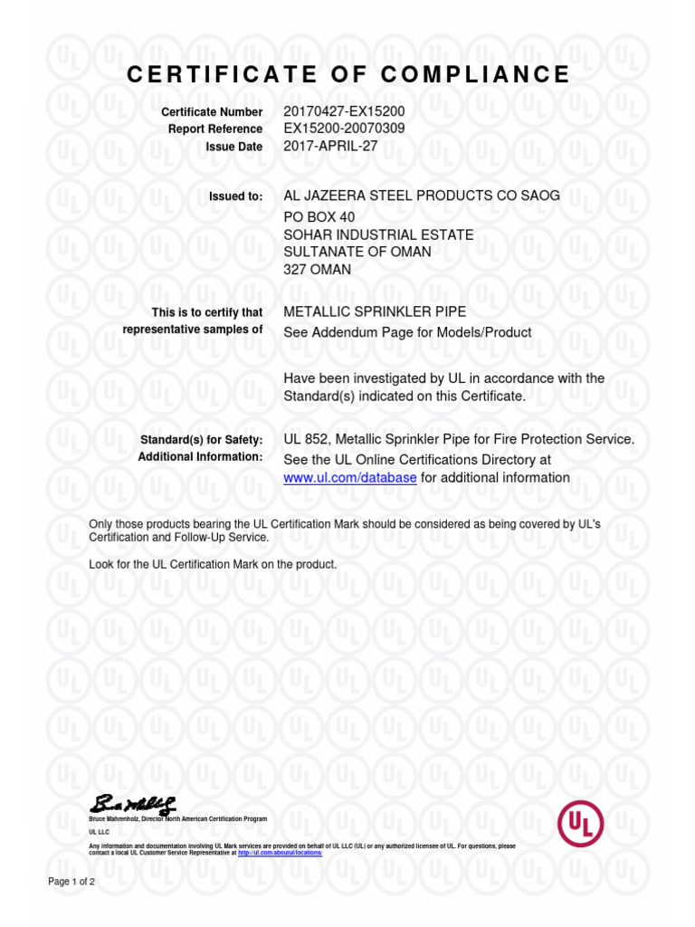 UL Certification for Al Jazeera Pipes | PDF | Pipe (Fluid Conveyance ...