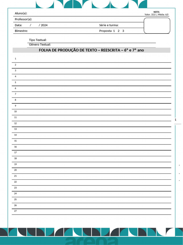 Folha de Redação 6º e 7º Ano - 40 Linhas - REESCRITA | PDF