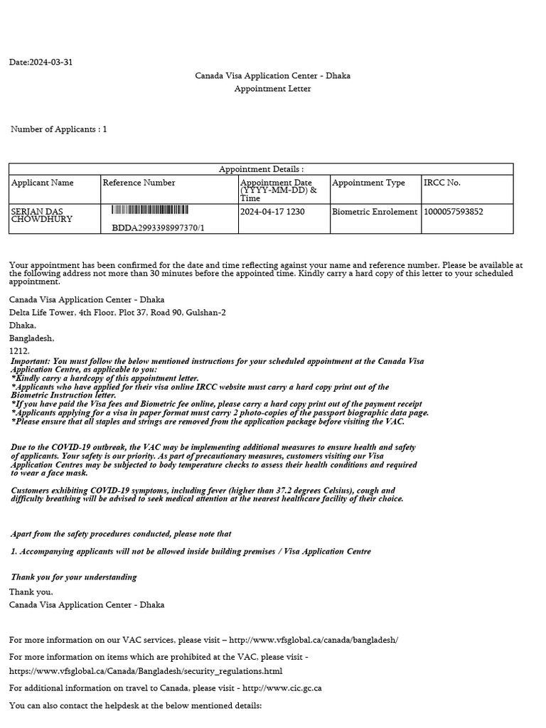 Canada Visa Appointment Confirmation - Dhaka | PDF | Travel Visa