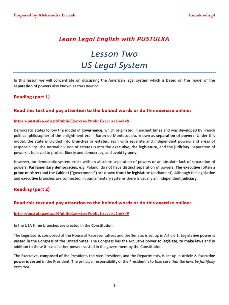 2 - US Legal System | PDF | Separation Of Powers | Presidents Of The ...