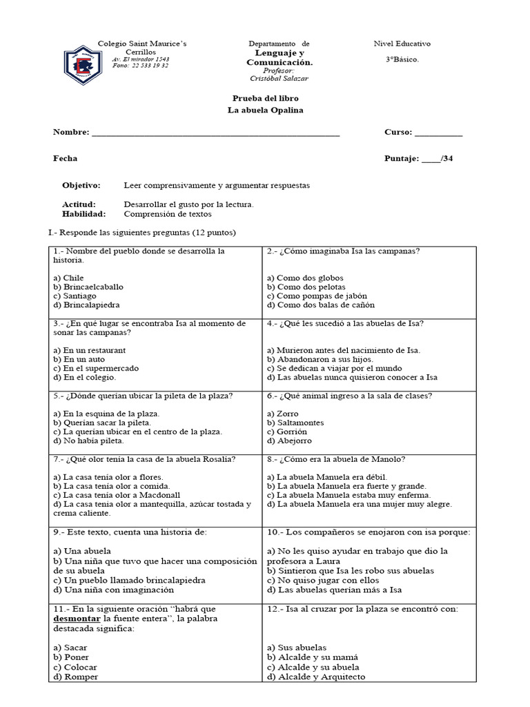 Prueba de Lectura La Abuela Opalina | PDF