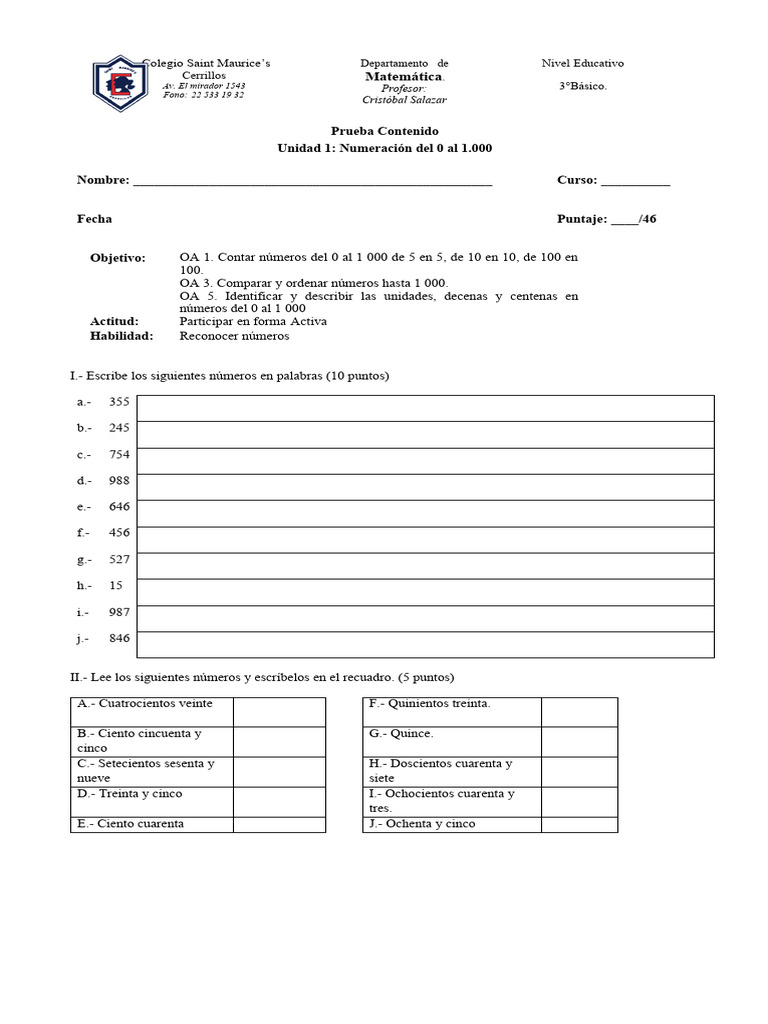 Prueba de Unidad 1 Numeracion Del 0 Al 1000 | PDF