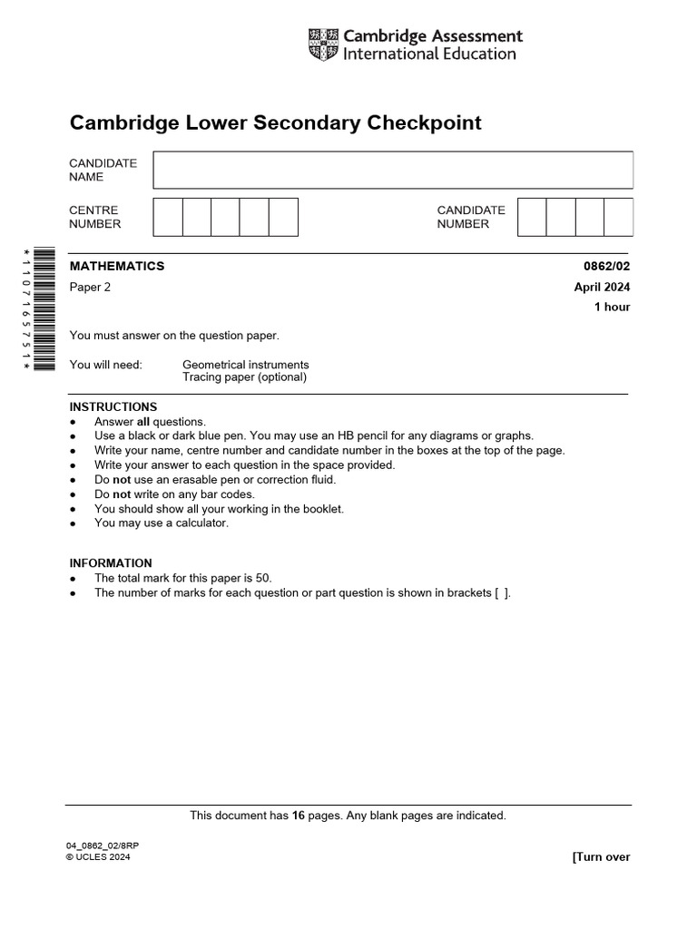 Cambridge Lower Secondary Checkpoint Mathematics April 2024 Paper 2 ...