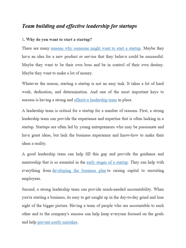 Leadership and Team Building in Startups | PDF | Startup Company ...