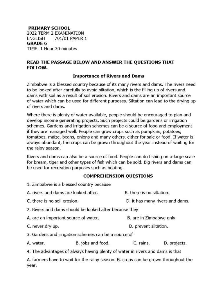 Grade 6 English Paper 1 | PDF | Irrigation | Dam Grade 6 English Paper 1 | PDF | Irrigation | Dam