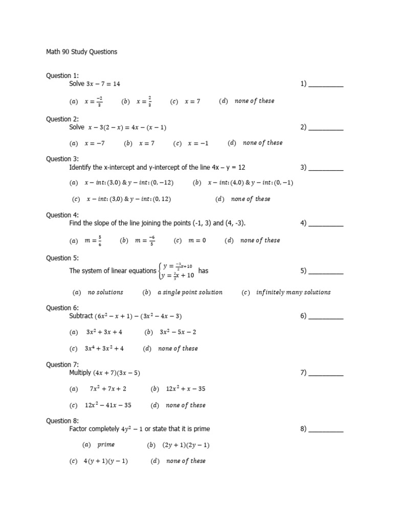 Math 90 Study Questions and Answers | PDF