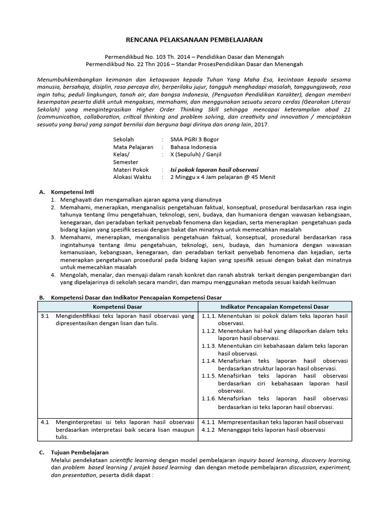 2017 RPP 1 Isi Pokok Laporan Hasil Observasi | PDF