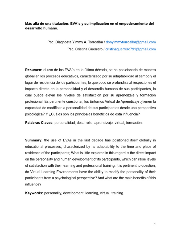 Más Allá de Una Titulación EVA S y Su Implicación en El Empoderamiento Del Desarrollo Humano ...