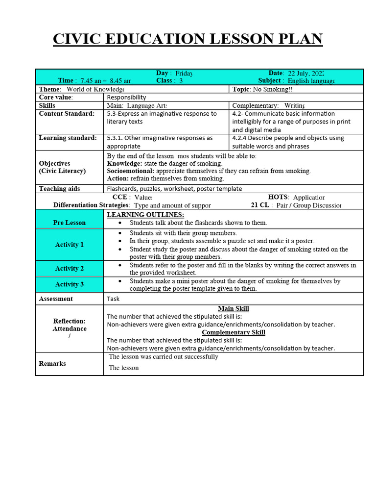 Y3 LP Civic Edu August Responsibility | PDF | Teachers | Lesson Plan