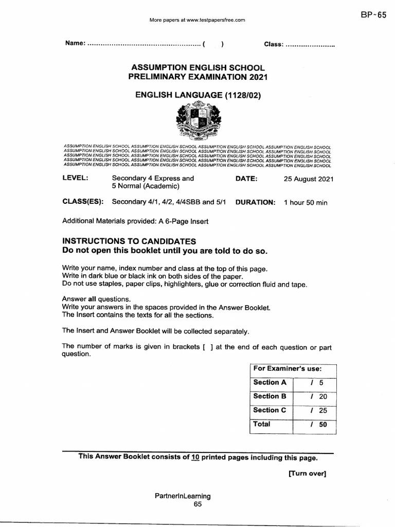 Sec 4 Assumption PreLims Paper 2021 Qts | PDF
