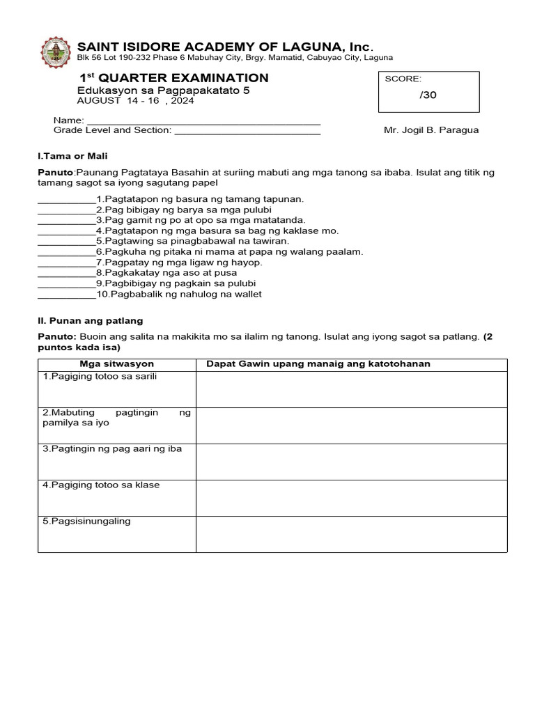 ESP 5 Q1 1st Quarter Exam | PDF