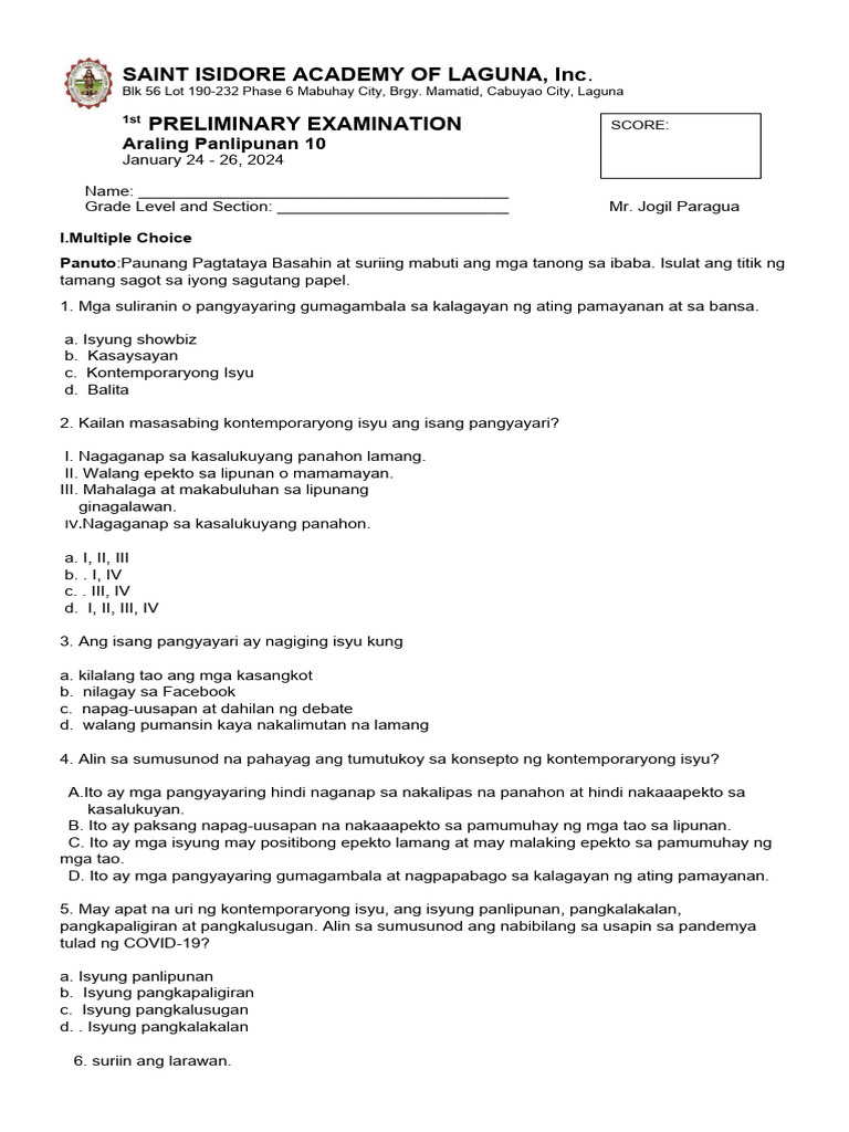 AP 10 Q1 Preliminary Exam | PDF