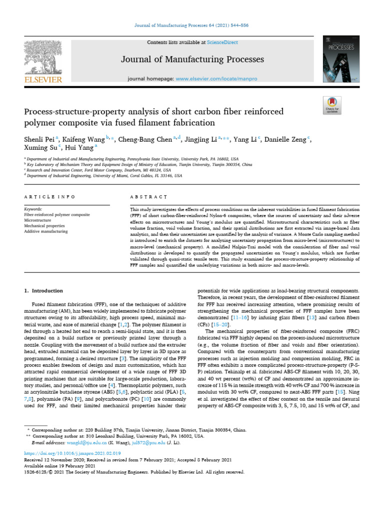 Process-Structure-Property Analysis of Short Carbon Fiber Reinforced Polymer Composite Via Fused ...