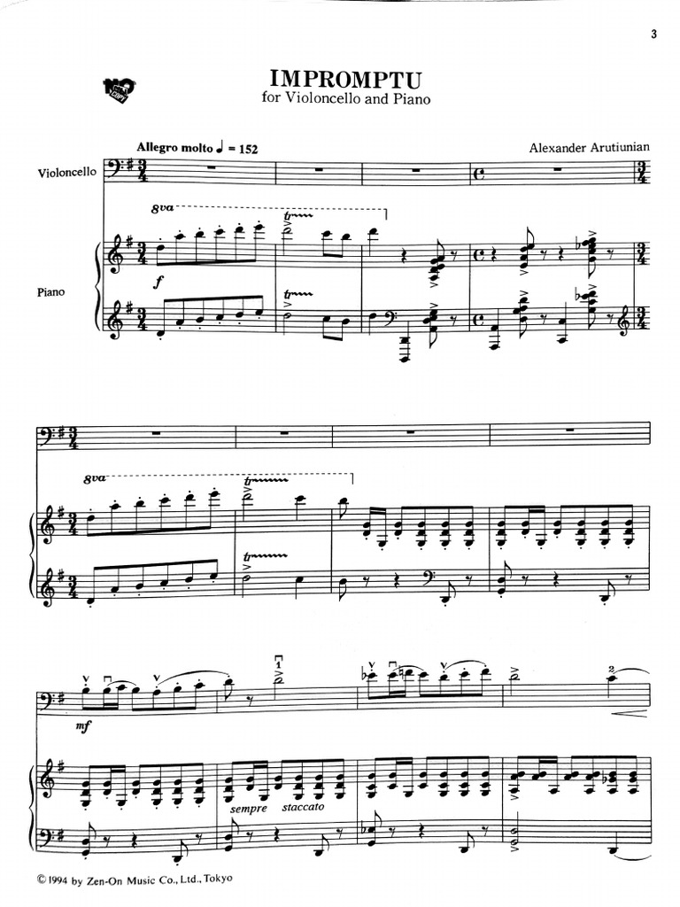 AAlexander Arutiunian - Impromptu for cello and piano | PDF