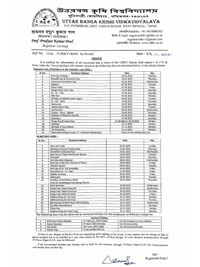 UBKV Holiday List 2023 | PDF