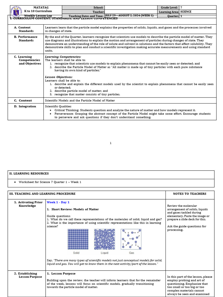 Science 7: Particle Model Lesson Plan | PDF | Conceptual Model | Atoms