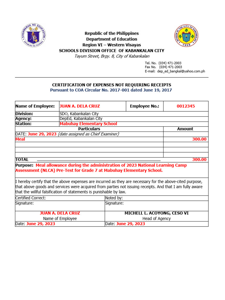 Sample Certification of Expenses of Non Requiring Receipts | PDF