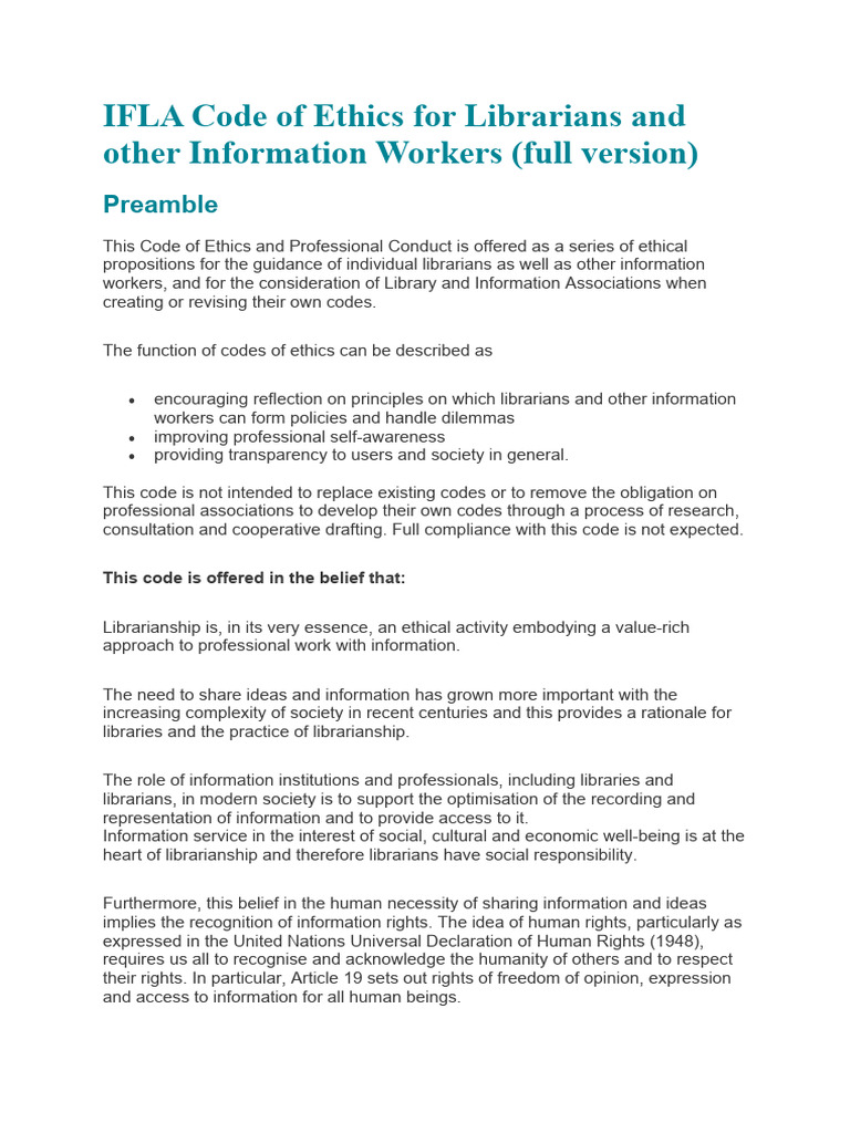 IFLA Code of Ethics For Librarians and Other Information Workers | PDF | Librarian | Libraries