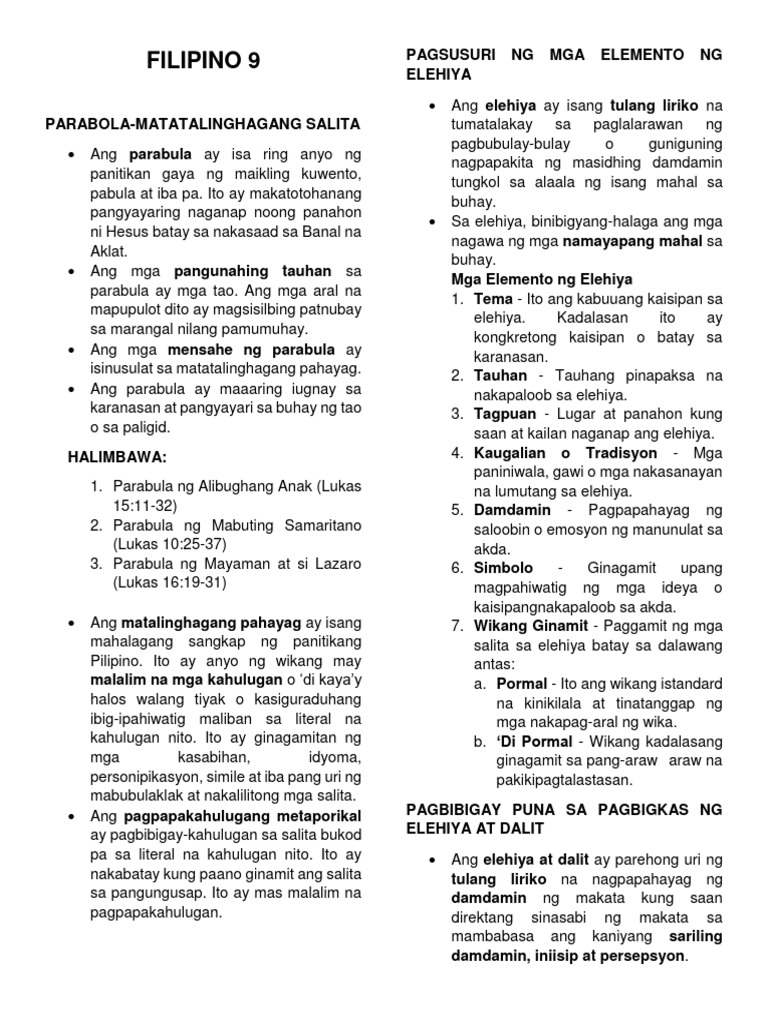 Filipino 9 Summary of Lesson | PDF