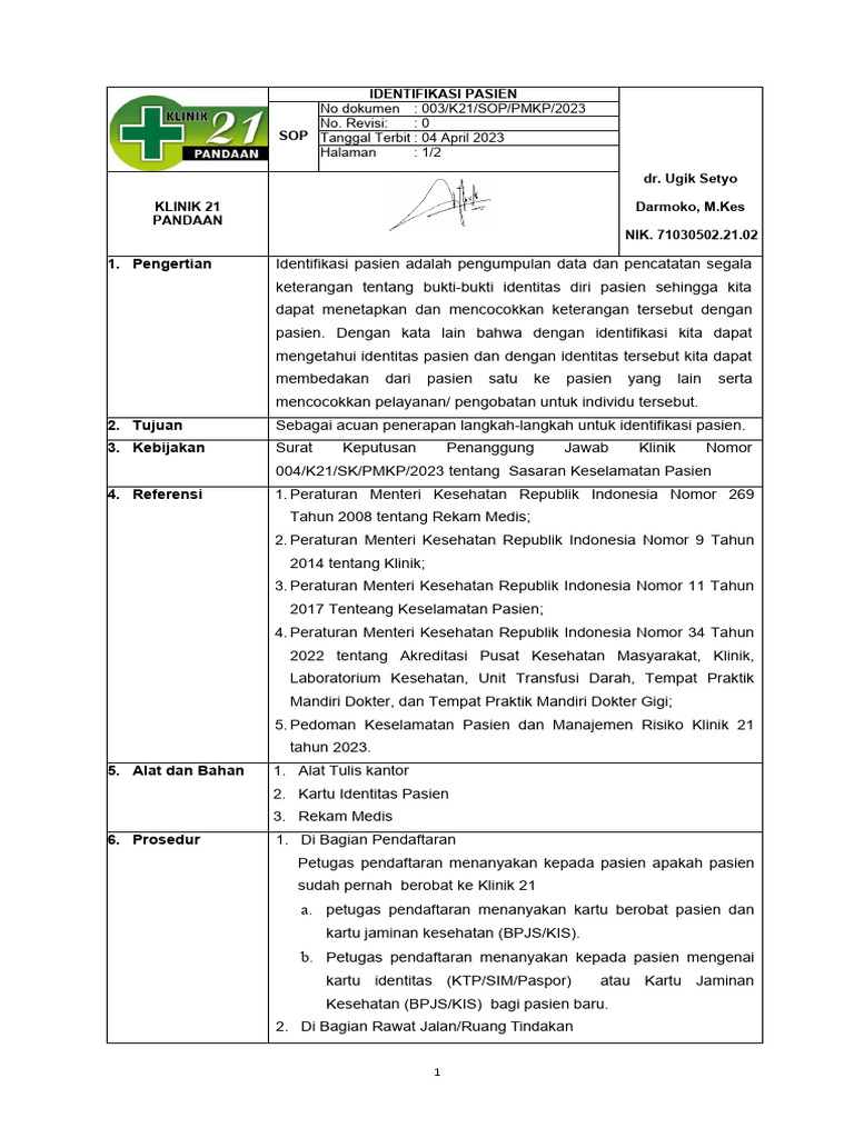 Pmkp. 2. 1 Sop Identifikasi Pasien | PDF