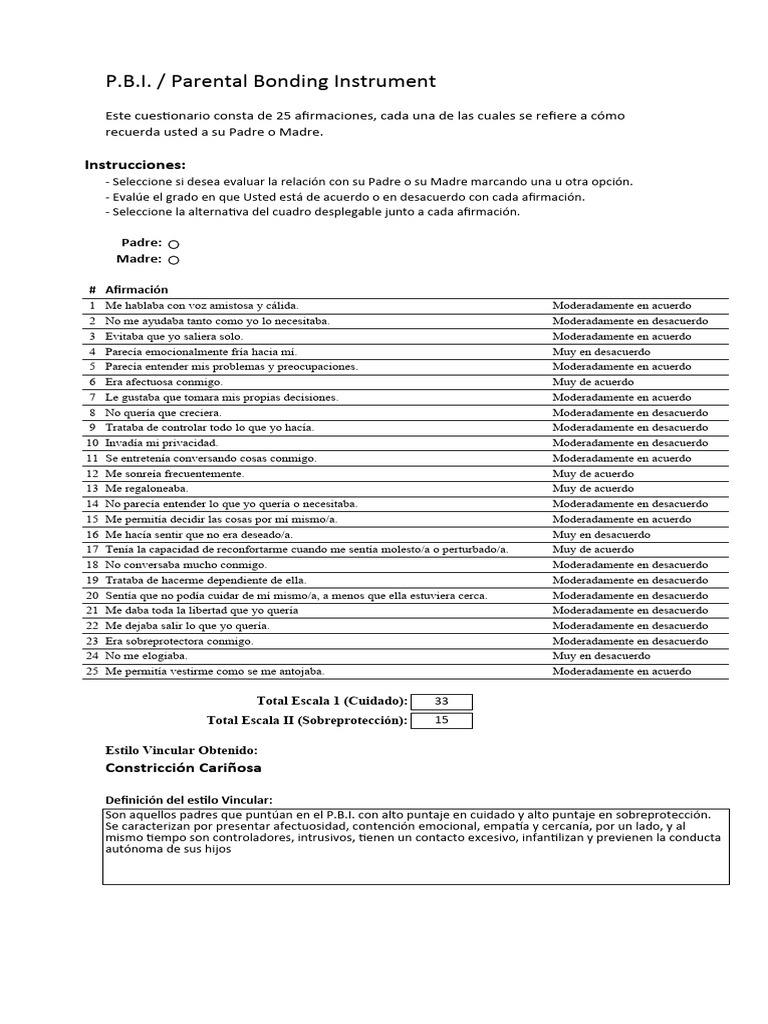 P.B.I. / Parental Bonding Instrument: Instrucciones | PDF