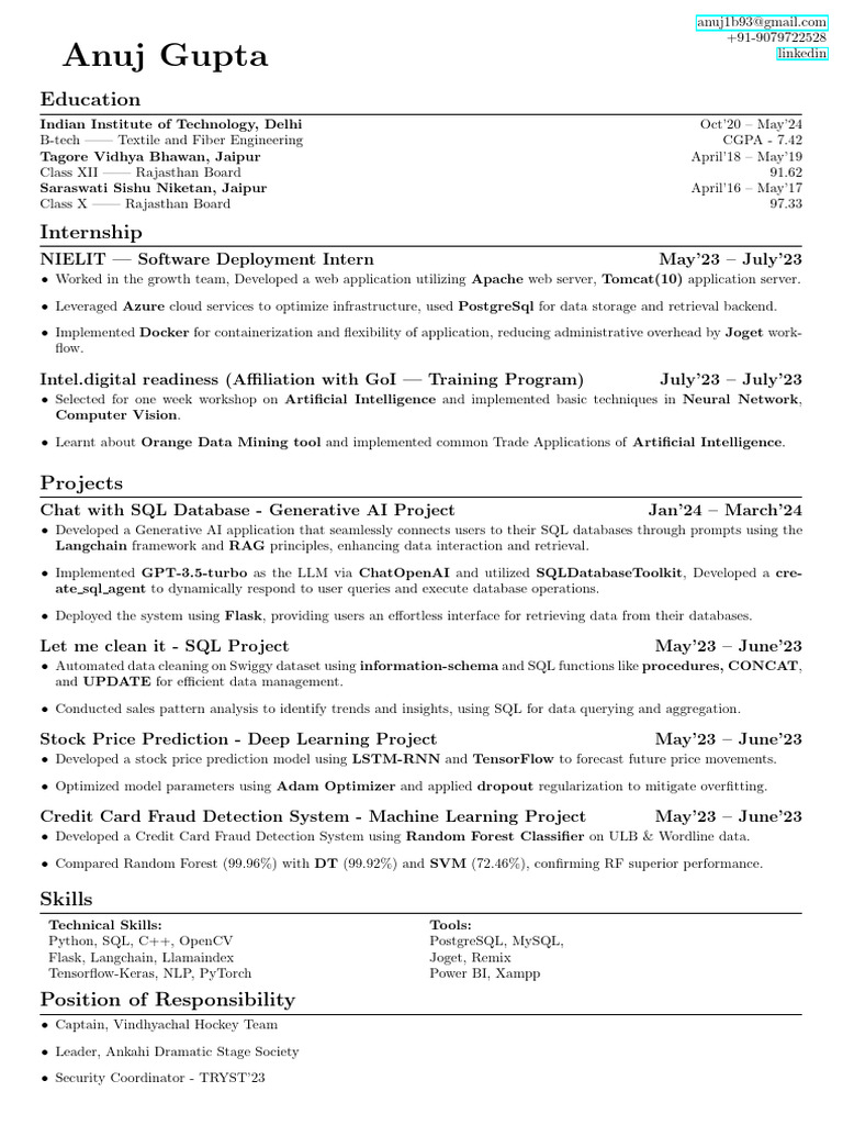 Anuj Analytics CV 1b93 B | PDF | Databases | Sql