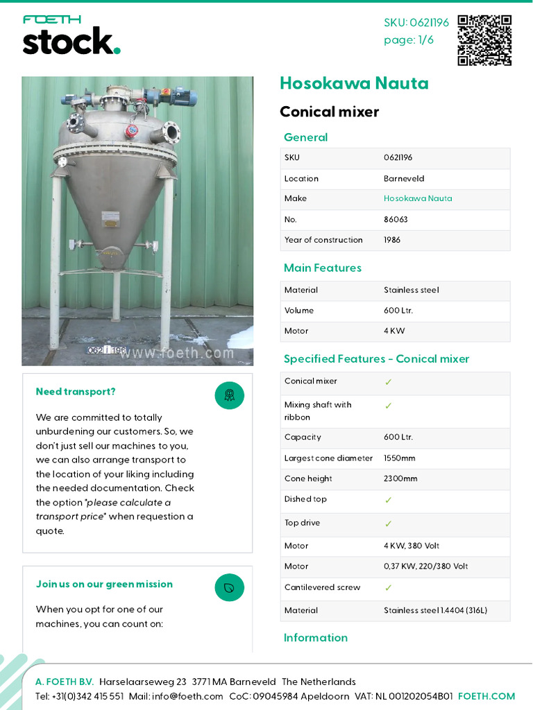 Hosokawa Nauta Conical Mixer 600L | PDF