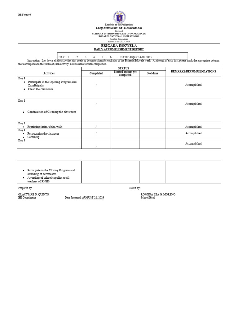 Be Form 6 Daily Accomplishment Report 1 | PDF