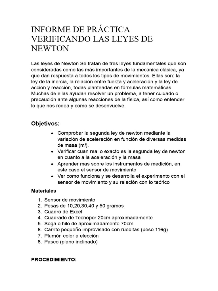 Informe de Práctica Verificando Las Leyes de Newton Thiago | PDF | Las leyes del movimiento de ...