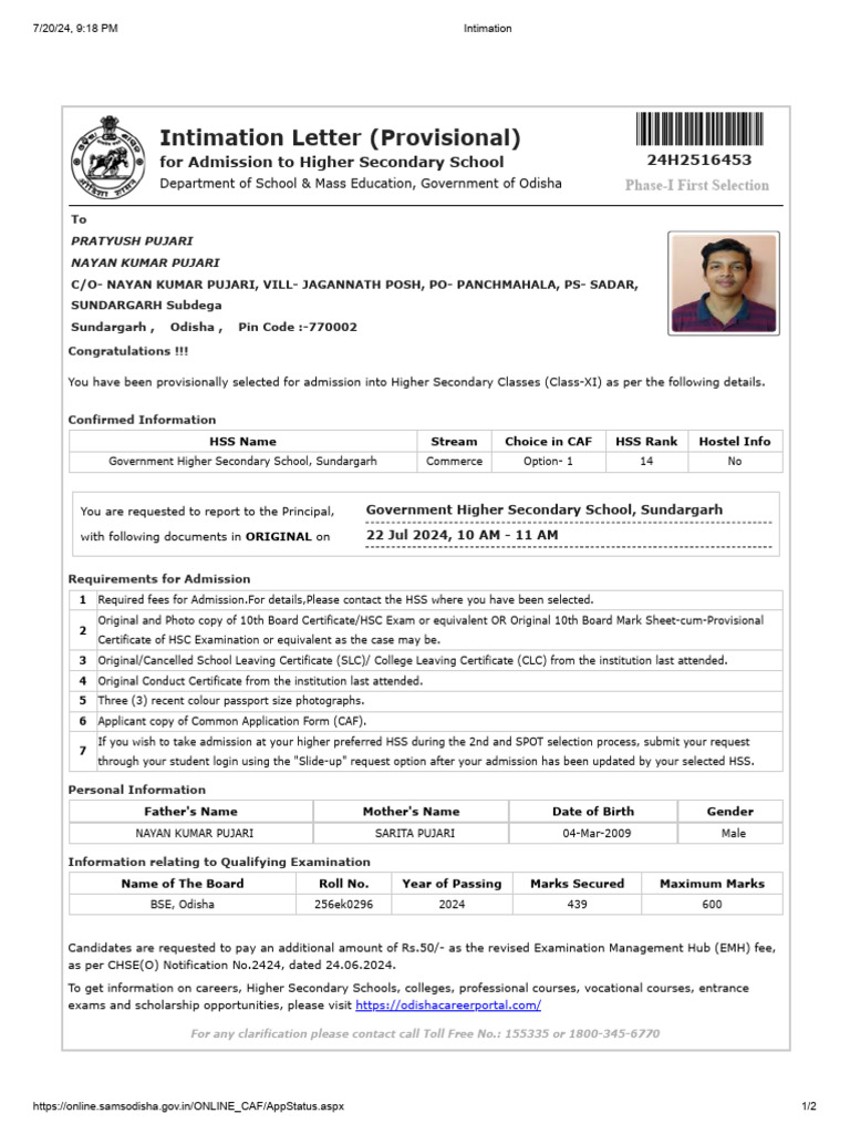 Intimation | PDF | University And College Admission | Educational Stages