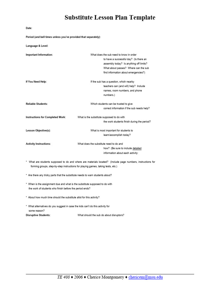 Substitute Lesson Plan Template Guide | PDF | Lesson Plan | Human ...