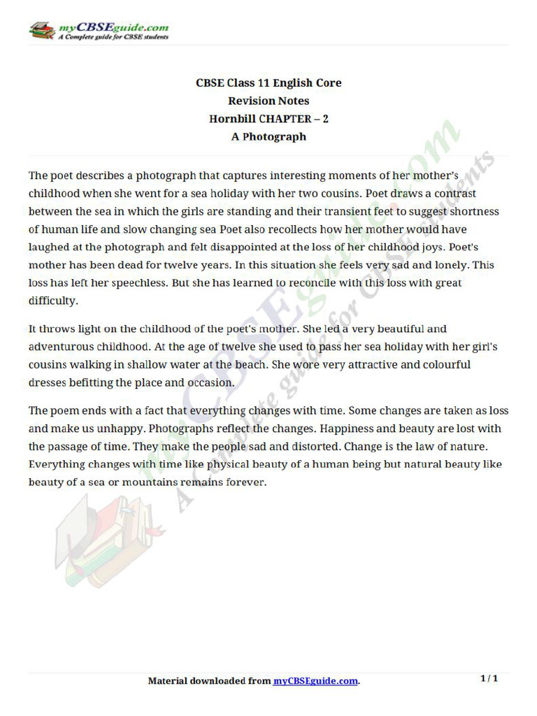 11 English Keynotes Hornbill Poem Ch01 A Photograph | PDF