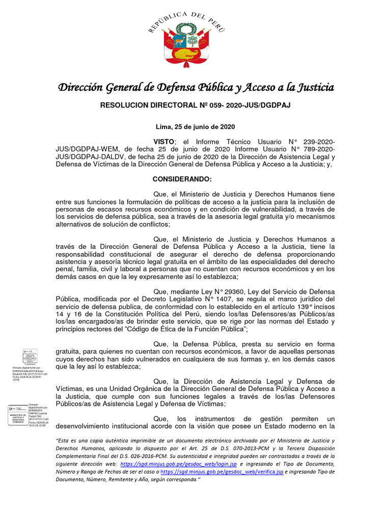 Resolucion Directoral #059 - 2020-Jus-Dgdpaj | PDF | Regulación | Justicia