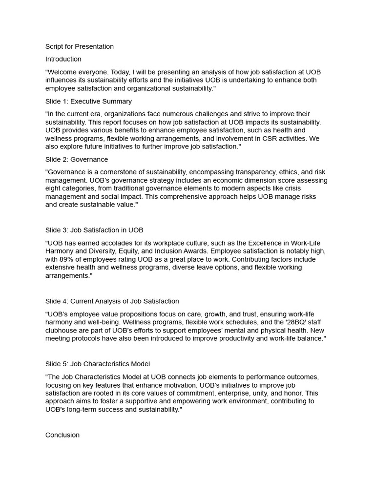 Script For Presentation BUS230 | PDF | Job Satisfaction | Sustainability